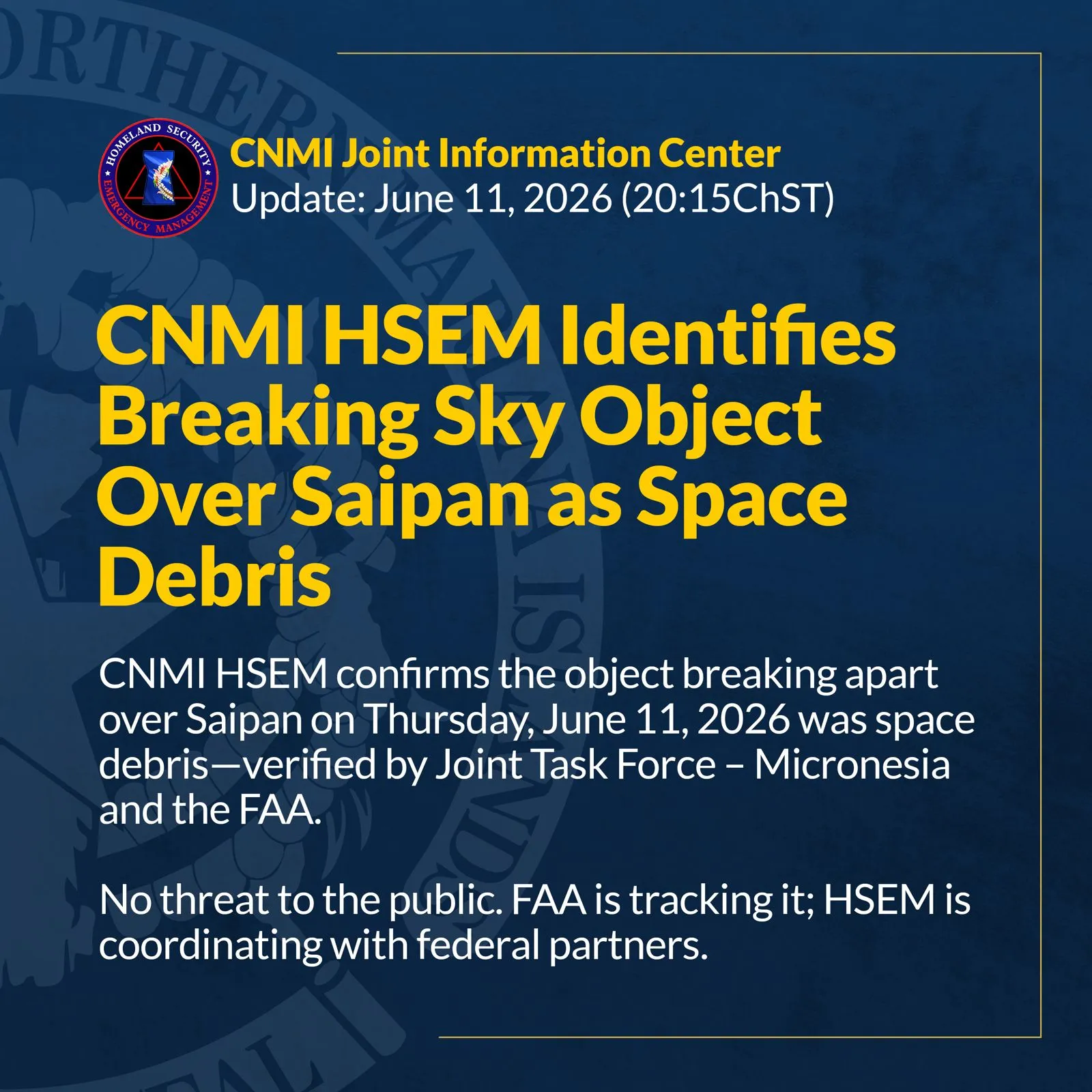 CNMI HSEM identifies breaking sky object over Saipan as space debris ...